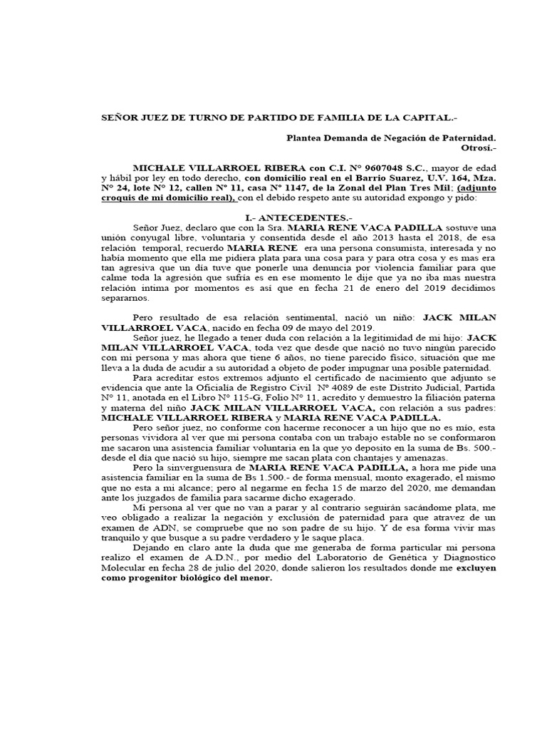 memorial-de-negacion-de-paternidad-Bolivia | PDF | Ley Pública | Justicia