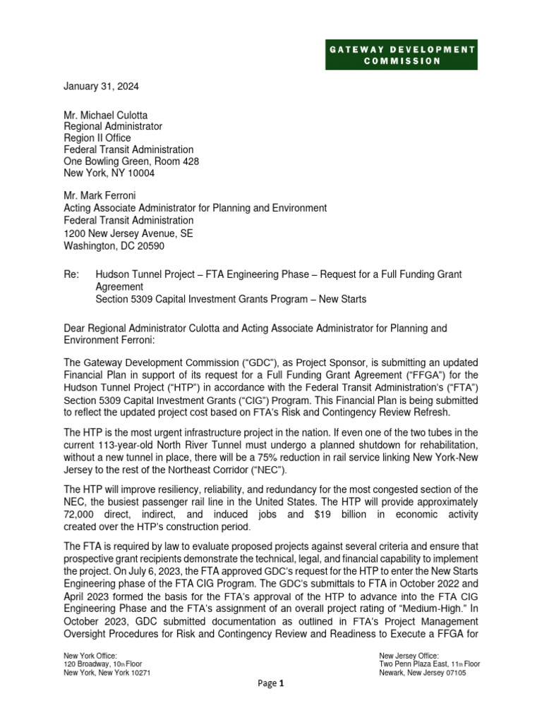 1-31-2024 Cover Letter Gdc-Ftacigfinplan Final | PDF | Port Authority ...