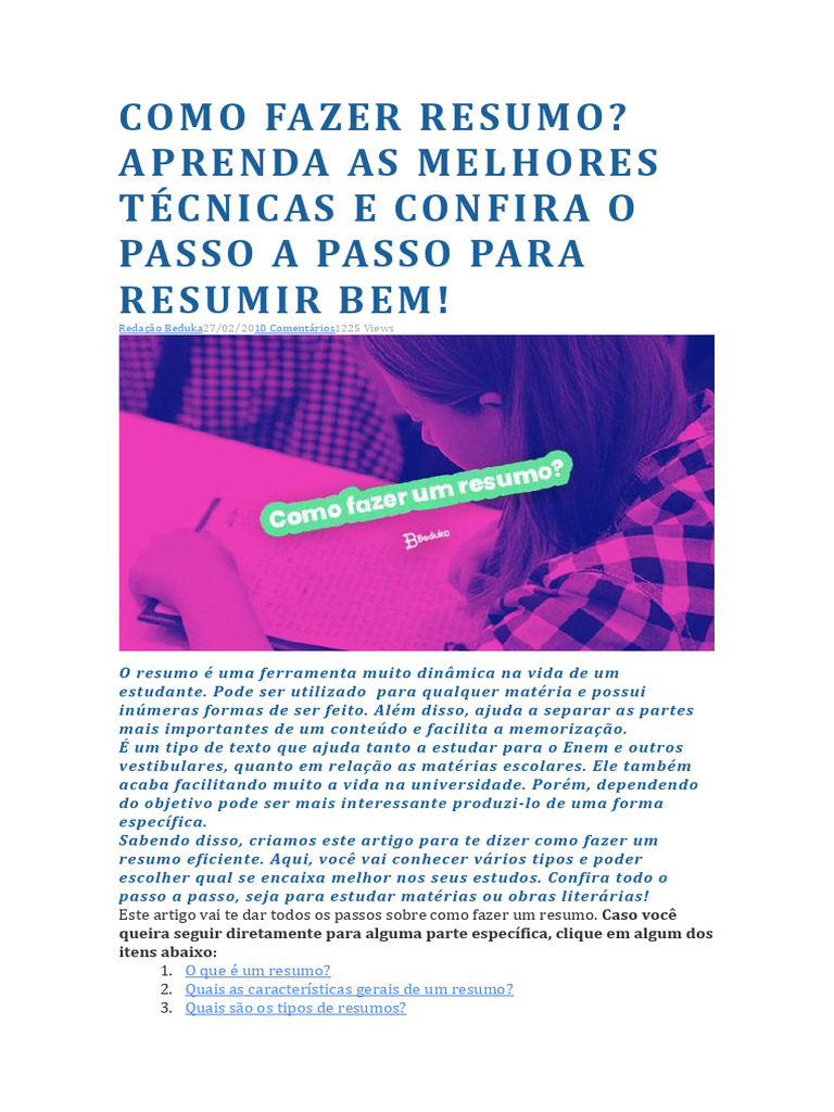 Como Fazer Resumo | PDF | Abstract (resumo) | Tempo