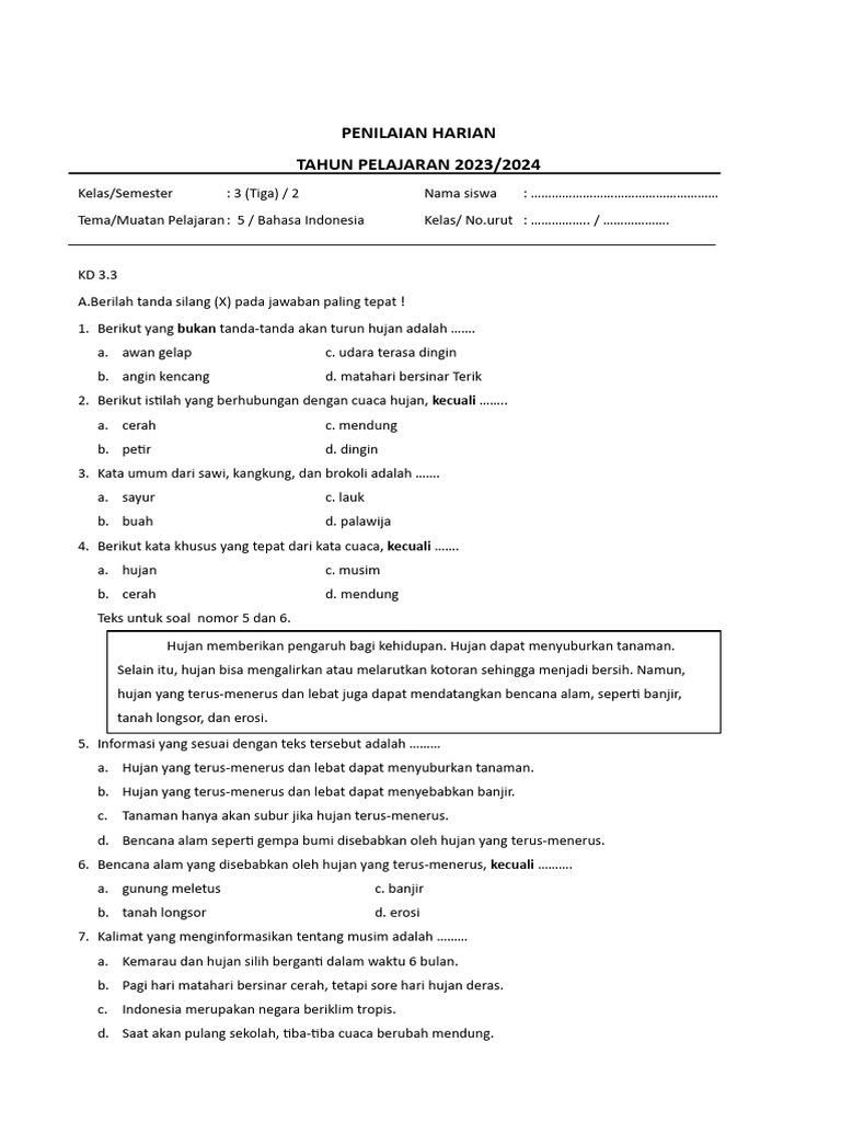 PENILAIAN HARIAN TEMA 5 B.Indonesia | PDF