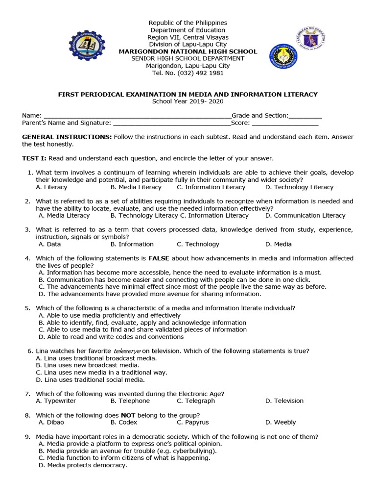 MIL 1Q Examination | PDF | Literacy | Information