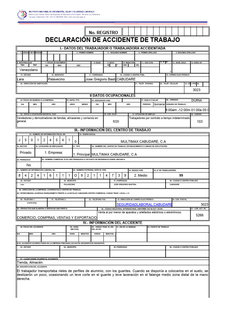 Formato Declaracion INPSASEL | Descargar gratis PDF | Lesión