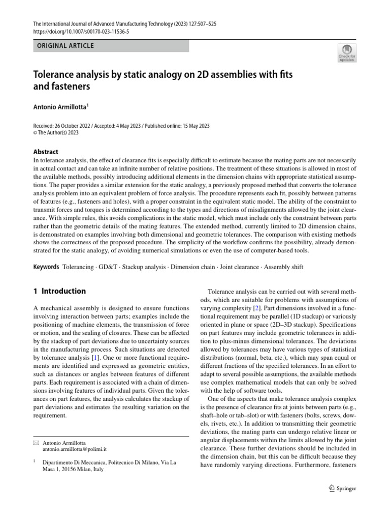 Tolerance Analysis by Static Analogy On 2D Assemblies With Fits and ...