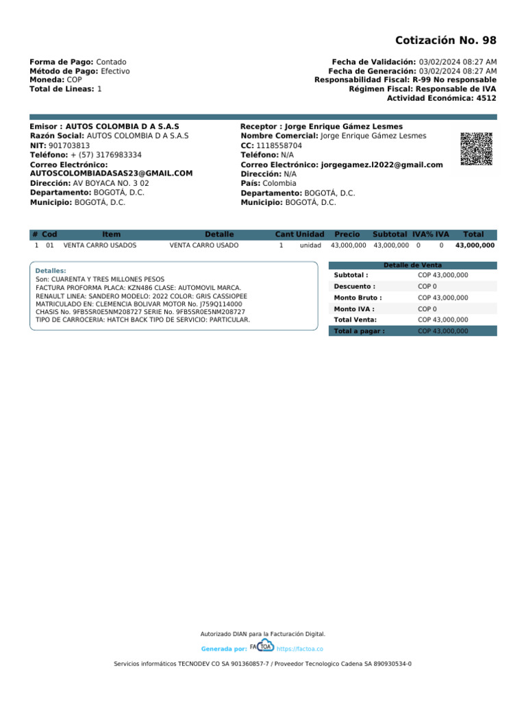 FACTURA PROFORMA Jorge Gamez | PDF | Transporte | Estilos de carrocería