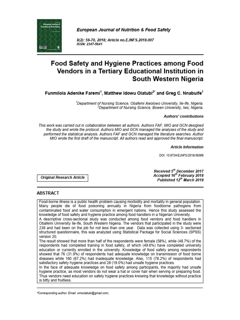 Food Safety and Hygiene Practices Among Food Vendo | PDF | Foodborne ...