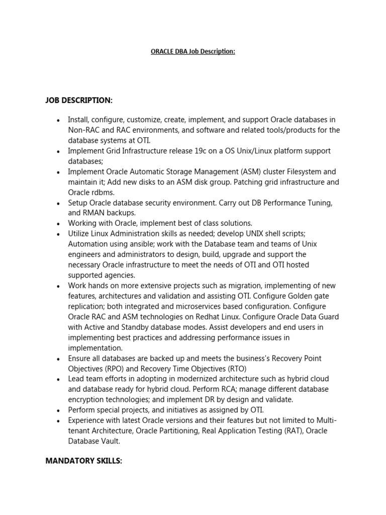 ORACLE DBA Job Description | PDF | Databases | My Sql