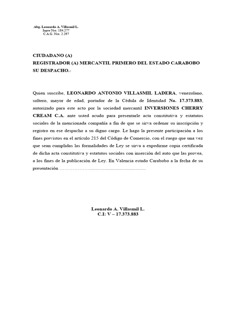 Acta Constitutiva Inversiones Cherry Cream C.A. | PDF | Comercio | Compartir (Finanzas)