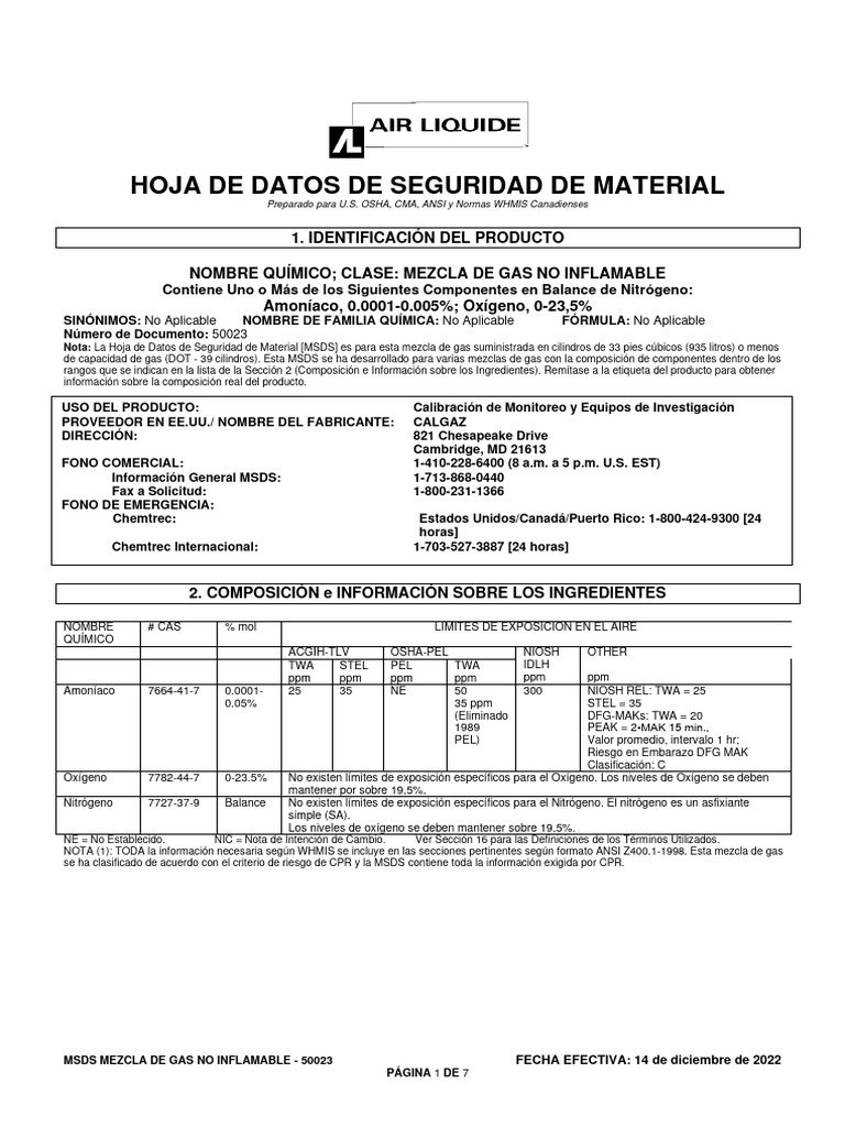 Msds Gas Cal 2 - Nh3 PN 10001012 - Trad | PDF | Amoníaco | Agua