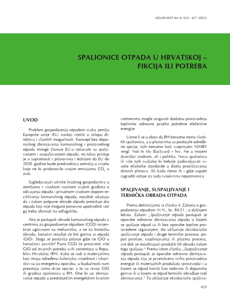 Spalionice Otpada U Hrvatskoj - Fikcija Ili Potreba | PDF