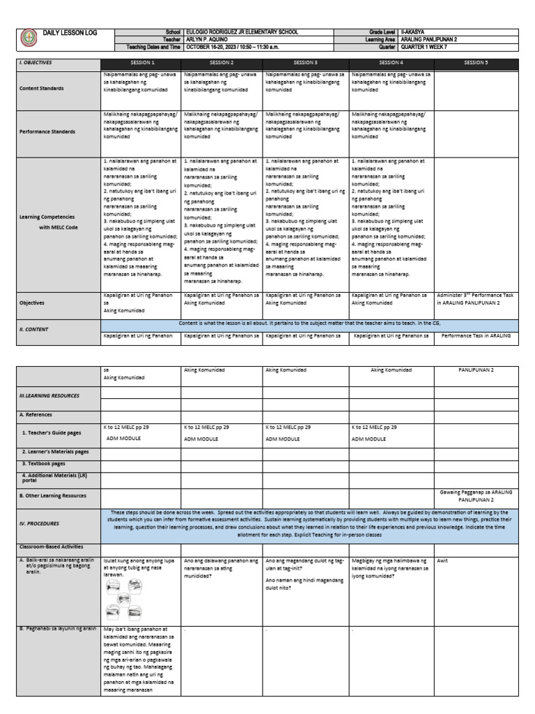 Daily Lesson Log: Session 1 Session 2 Session 3 Session 4 Session 5 | PDF