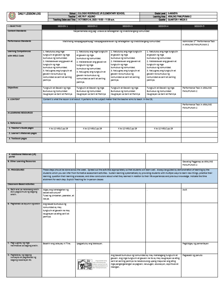 Daily Lesson Log: Session 1 Session 2 Session 3 Session 4 Session 5 | PDF