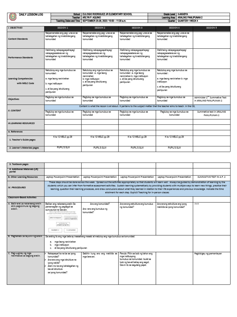 Daily Lesson Log: Session 1 Session 2 Session 3 Session 4 Session 5 | PDF