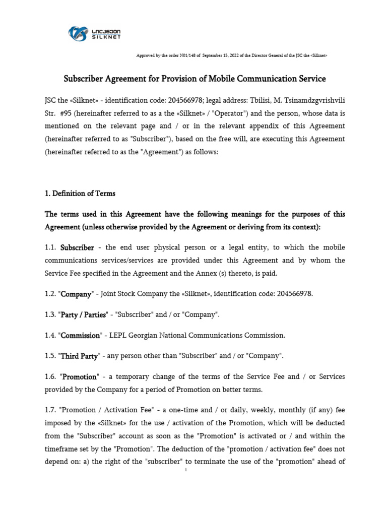 Subscription Agreement of Mobile Service 1.11.22 | PDF ...