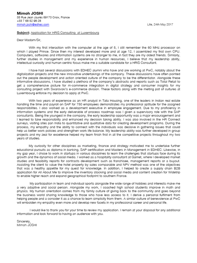 Motivation Letter PWC EN | PDF | Economies | Business Economics