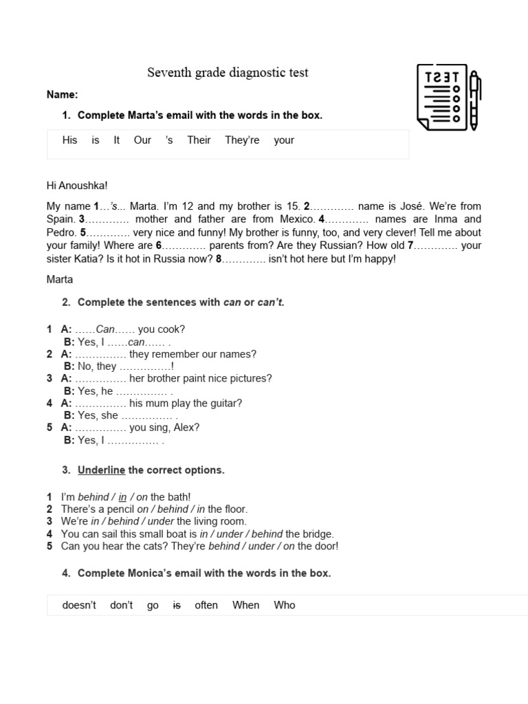 Seventh Grade Diagnostic Test | PDF