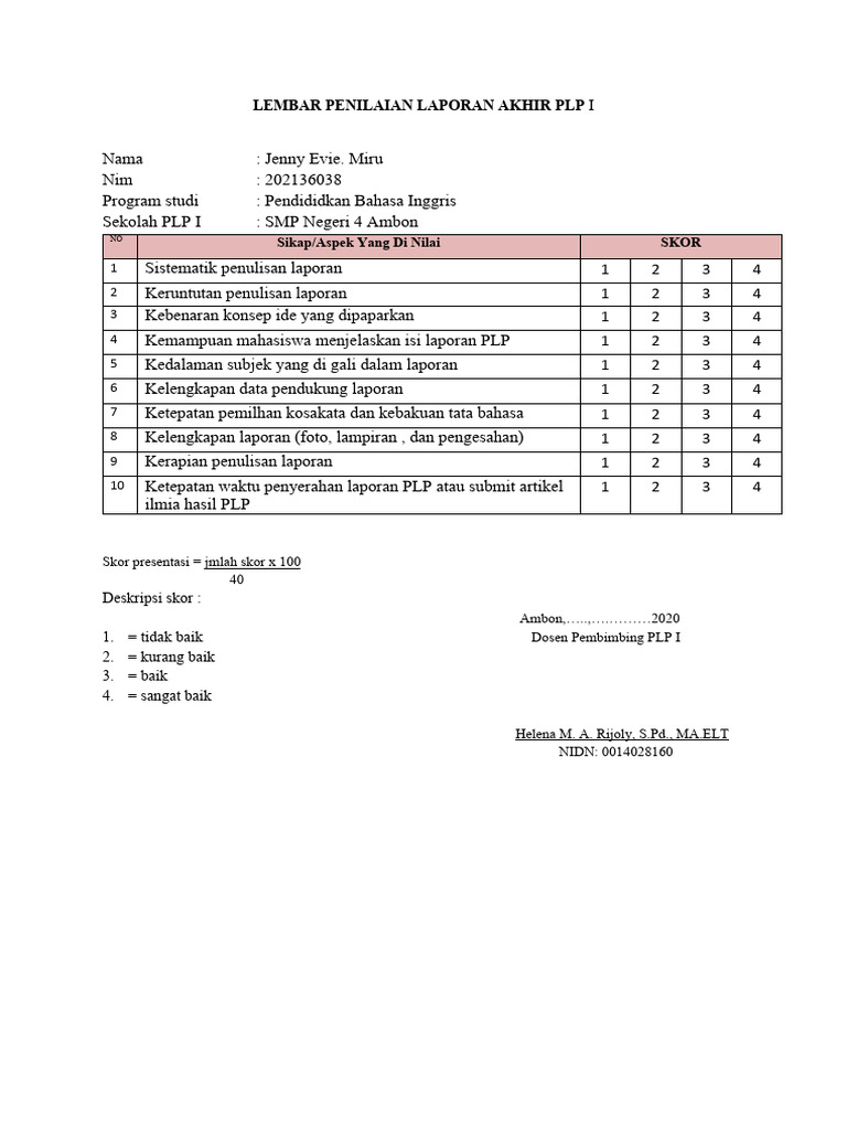 Lembar Penilaian Laporan Akhir PLP I | PDF