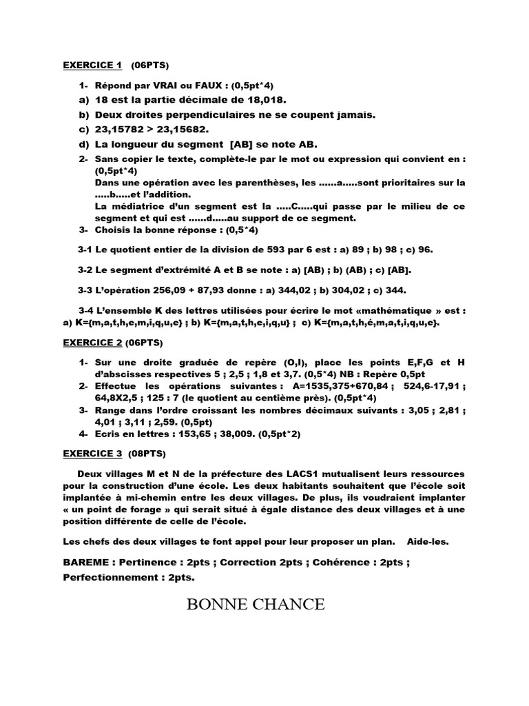 DST Trim2 Maths 6eme | PDF