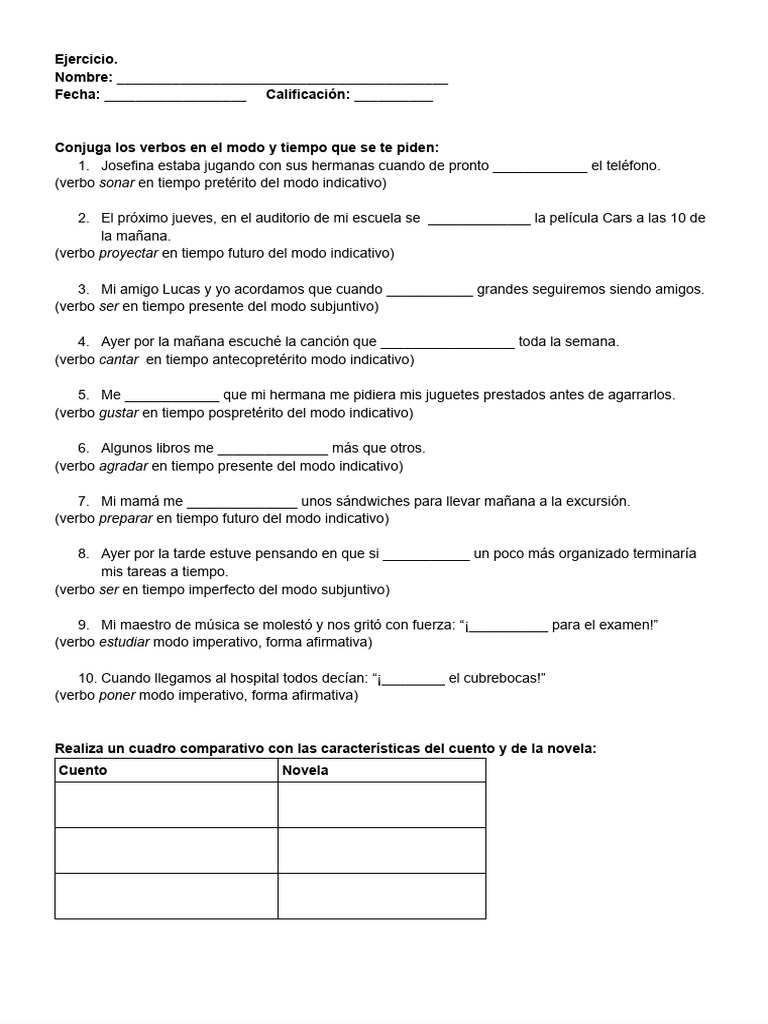 Ejercicio Verbos COLBACH | PDF | Narración | Relaciones sintácticas