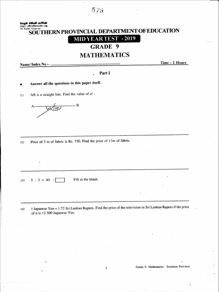 2019 Grade 09 Maths Second Term Paper English Medium Southern Province | PDF | Mathematics | Science