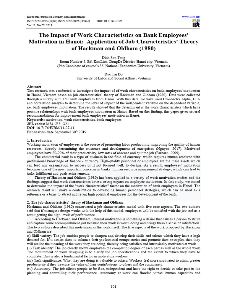 The Impact of Work Characteristics On Bank Employees' Motivation in ...