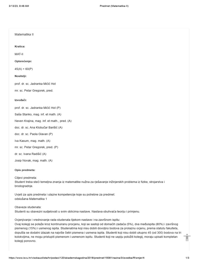 Predmet (Matematika II) | PDF