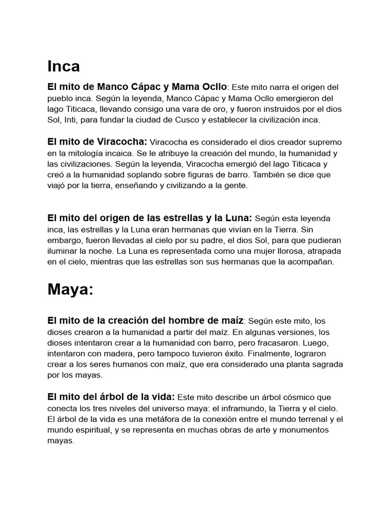 Mitos Inca, Maya, Azteca | PDF | Imperio Inca | Mitología