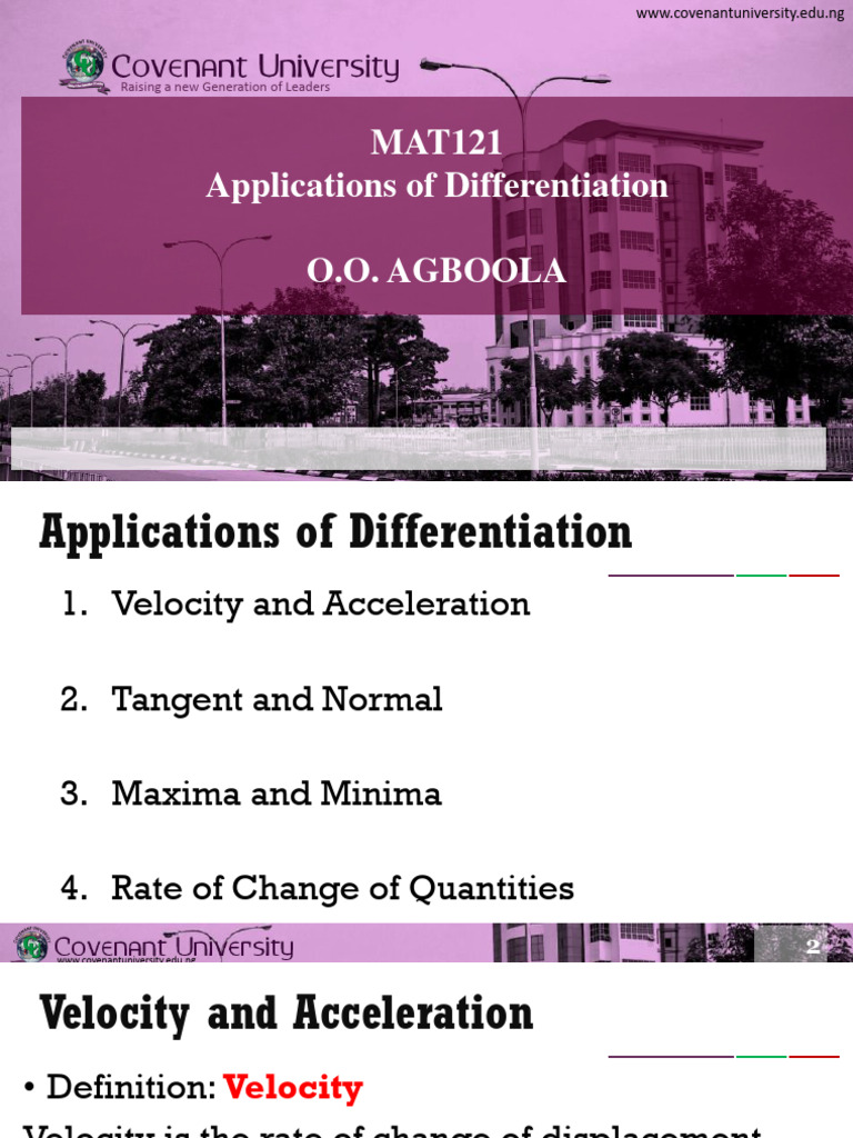 MAT121 - Applications of Differentiation - Upload | PDF | Acceleration | Velocity