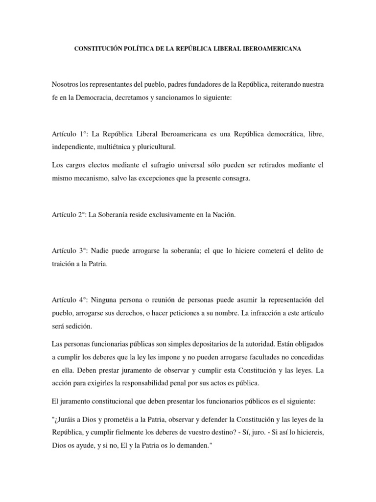 Constitución República Liberal Iberoamericana | PDF | Legislador ...