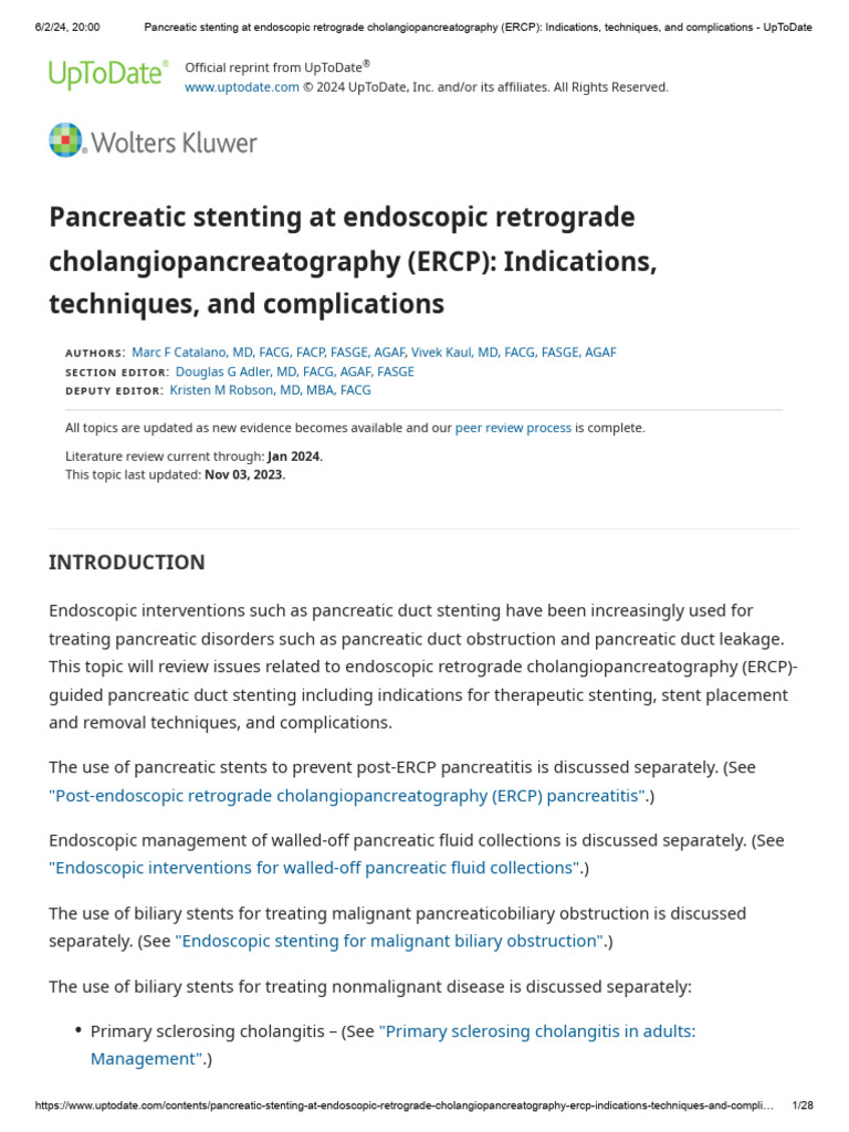 Pancreatic Stenting at Endoscopic Retrograde Cholangiopancreatography (ERCP) - Indications ...
