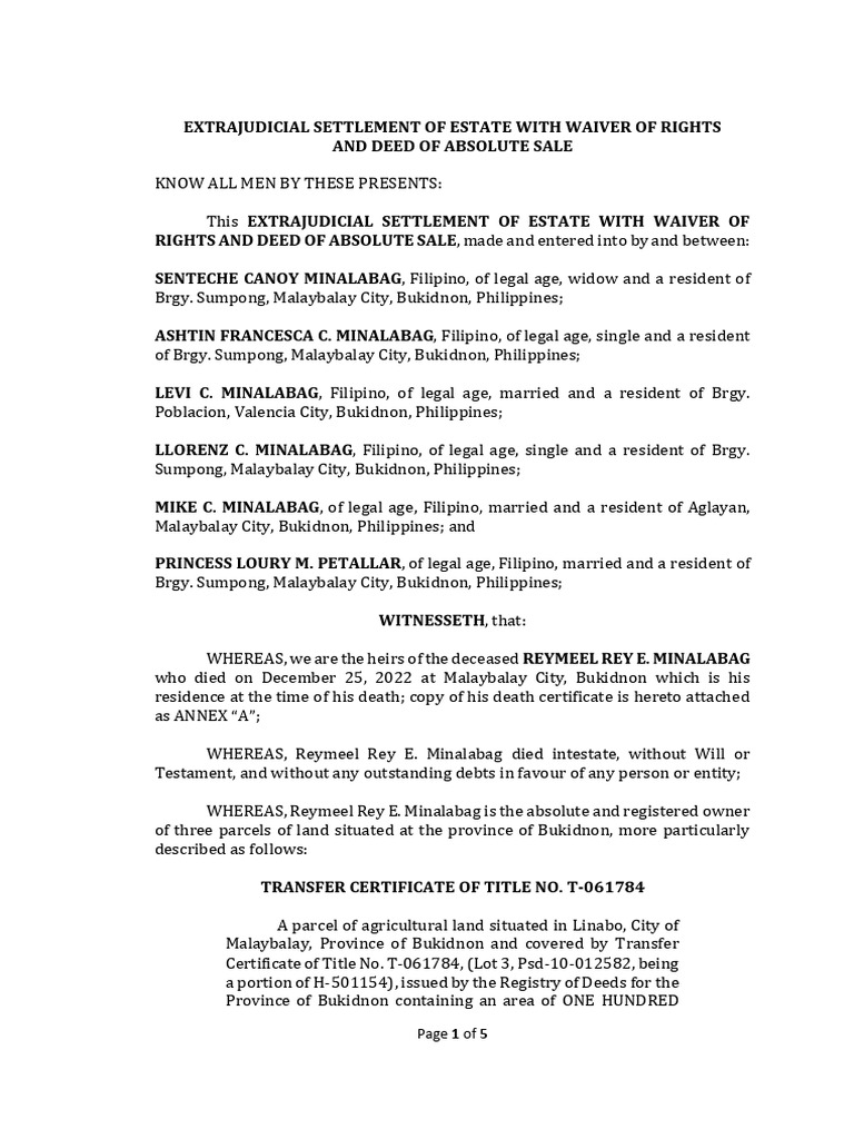 Extrajudicial Settlement of Estate With Waiver of Rights | PDF | Title ...