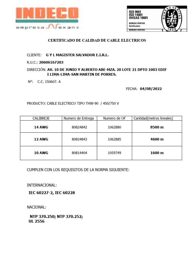 Certificado de Calidad UL 2556 para Cables | PDF
