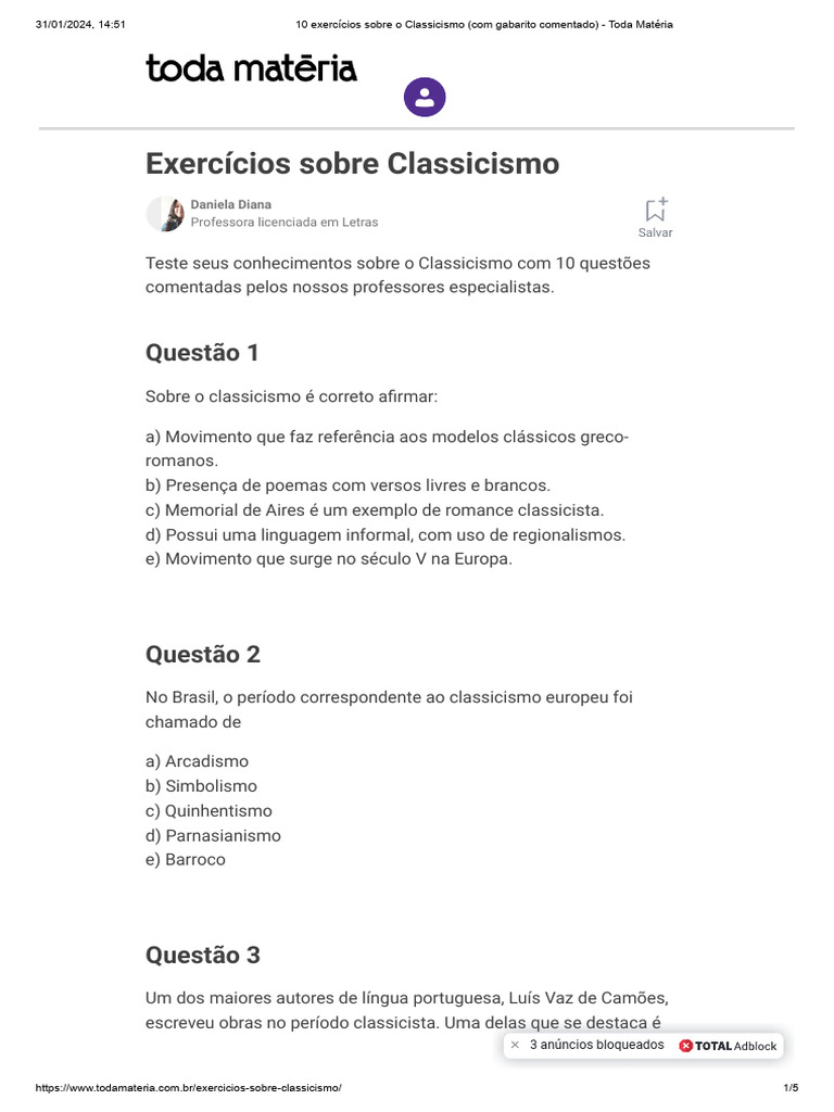 10 Exercícios Sobre o Classicismo (Com Gabarito Comentado) - Toda Matéria | PDF | Sonetos ...