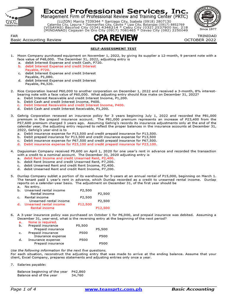 Basic Accounting Review Self Assessment Test | PDF | Debits And Credits ...