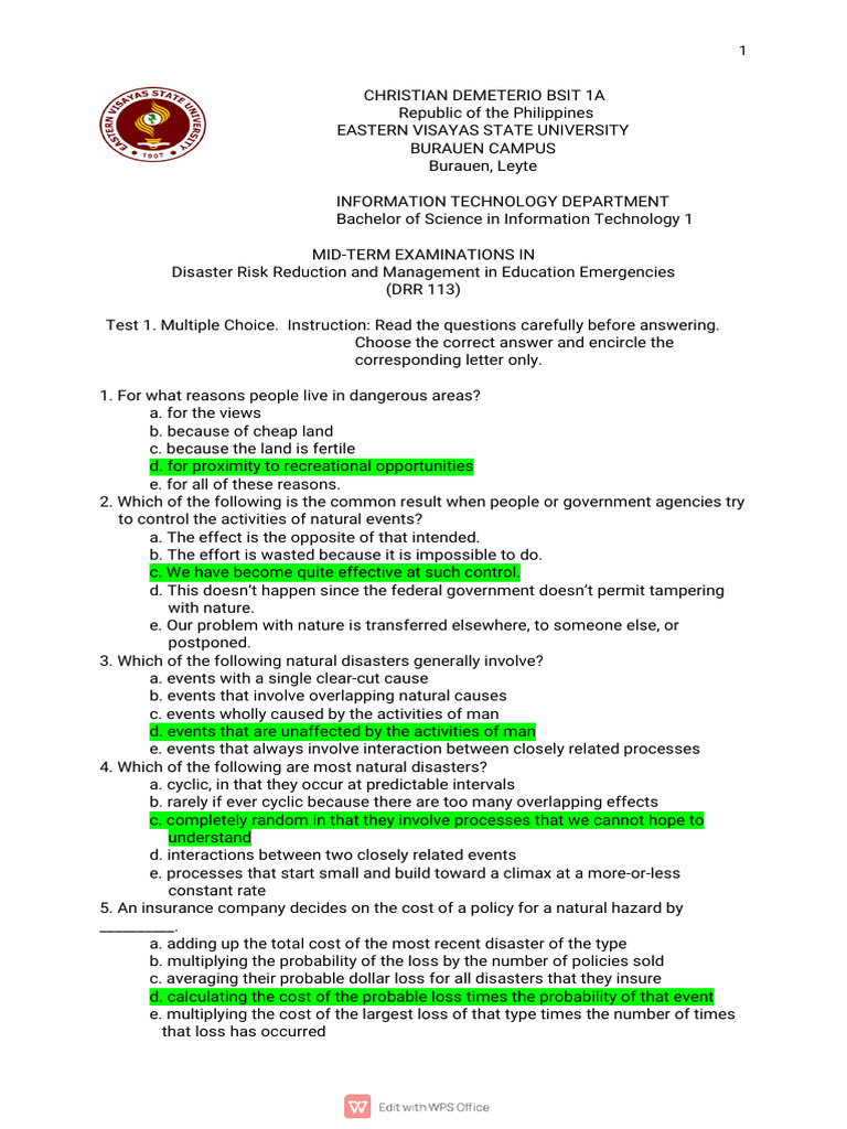 CHRISTIAN C. DEMETERIO BSIT 1A Mid-Term-Exam.-for-DRR-113 - BSIT-I | PDF