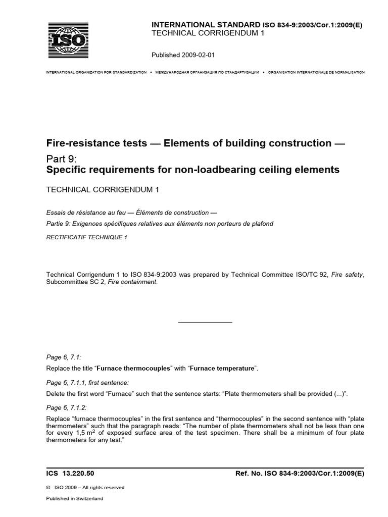 ISO 834-9:2003 Fire Test Corrigendum | PDF | Technology & Engineering