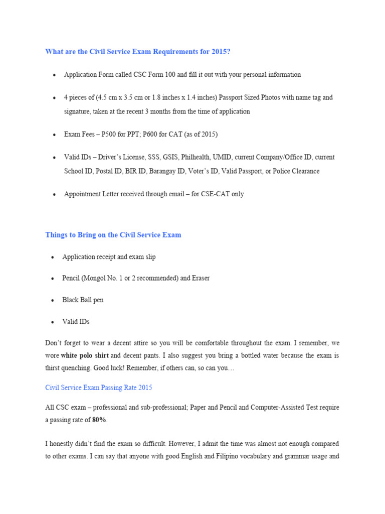 What Are The Civil Service Exam Requirements For 2015 | PDF