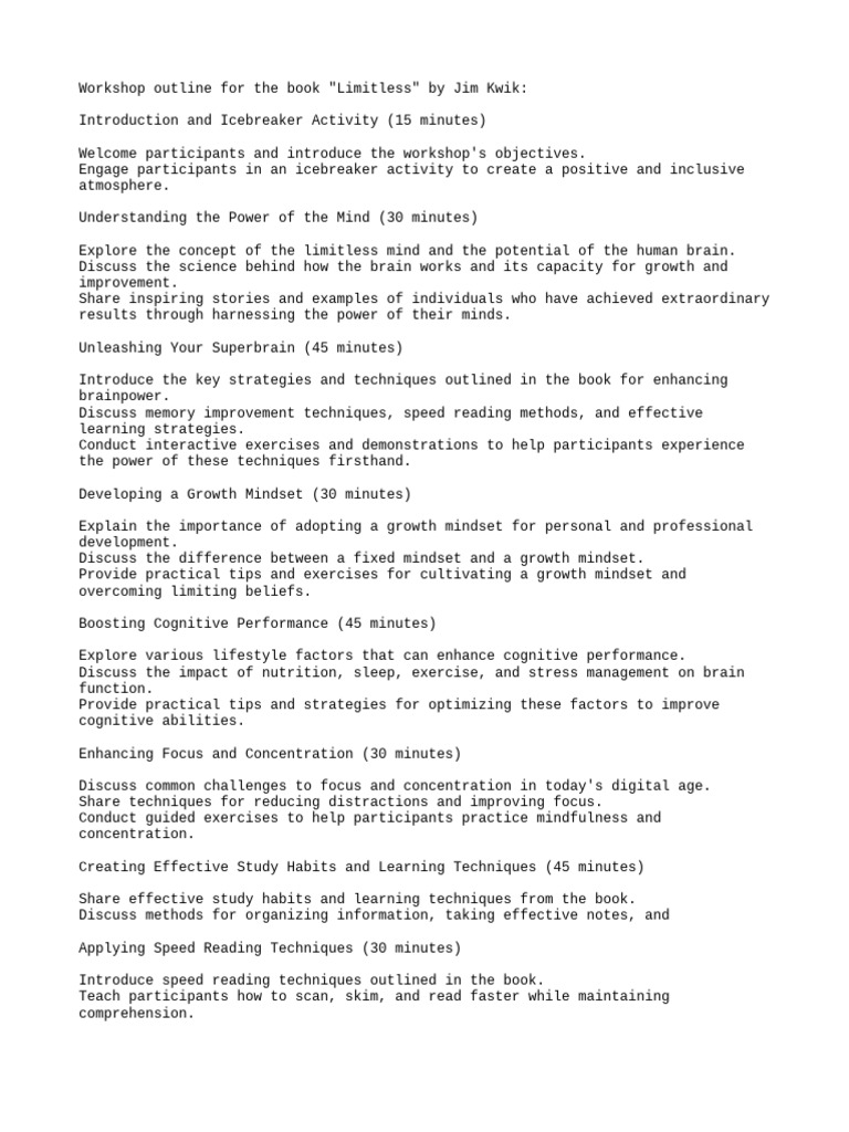 Limitless - Workshop Outline | PDF | Speed Reading | Mindset