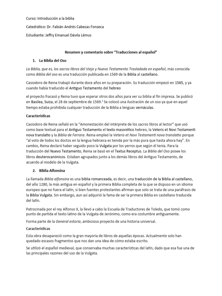 Tarea 2 Resumen y Comentario Sobre "Traducciones Al Español" | PDF | Biblia