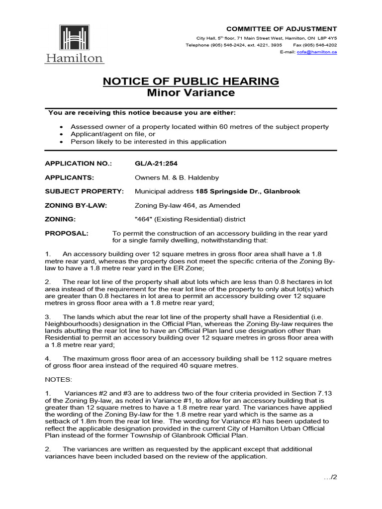 Notice of Public Hearing Minor Variance | PDF | Zoning | Structural Load