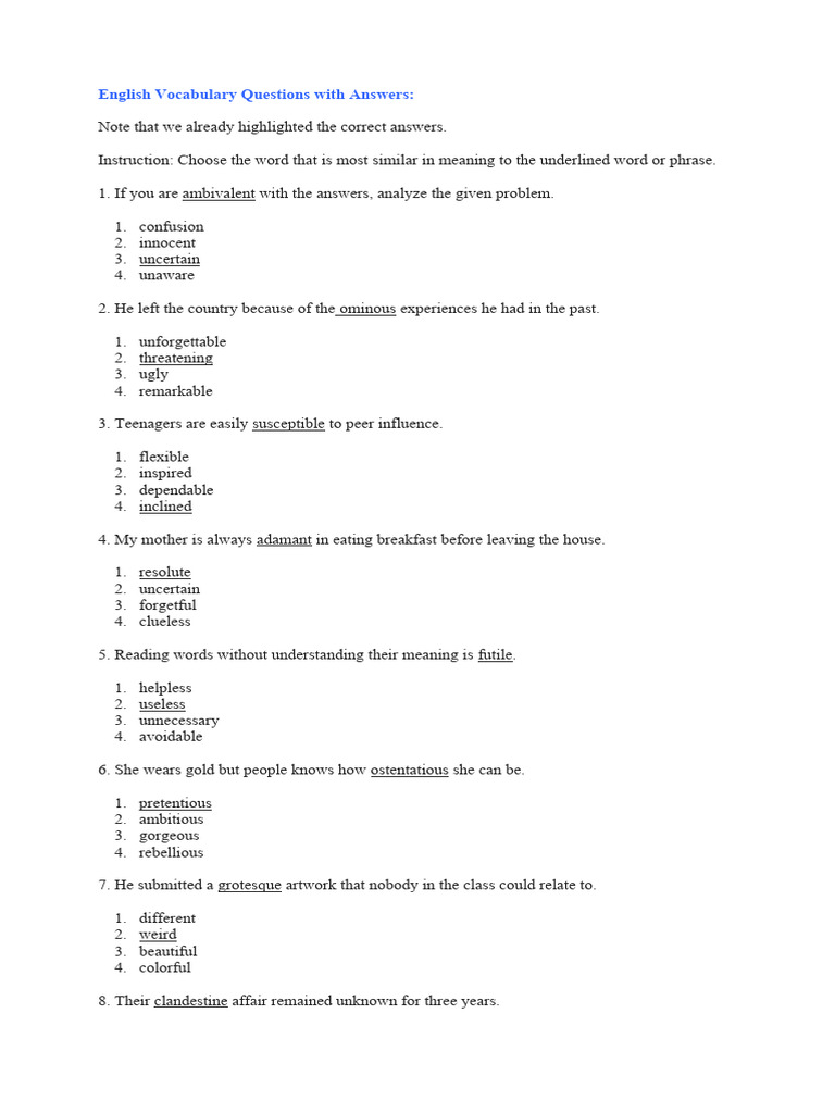 English Vocabulary Questions With Answers | PDF