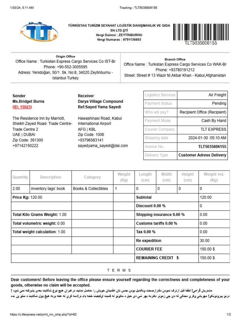 Tracking - TLT5035806155-YAMA | PDF | Service Industries | Economies
