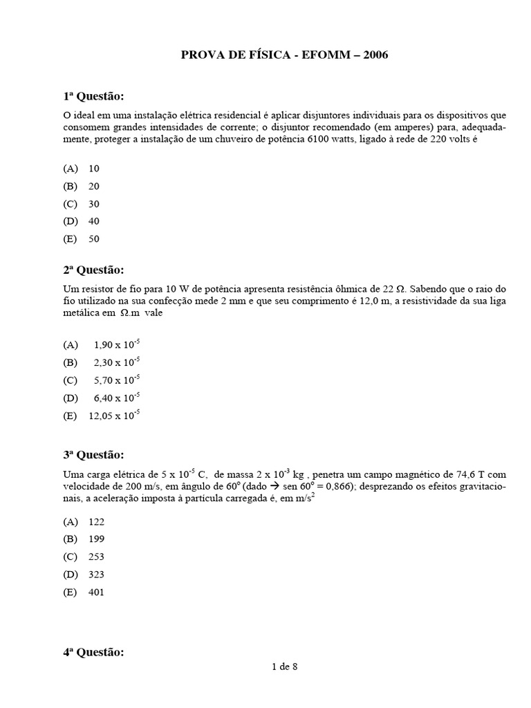 Provas Anteriores Efomm 2006 | PDF | Potência (Física) | Leis do Movimento de Newton