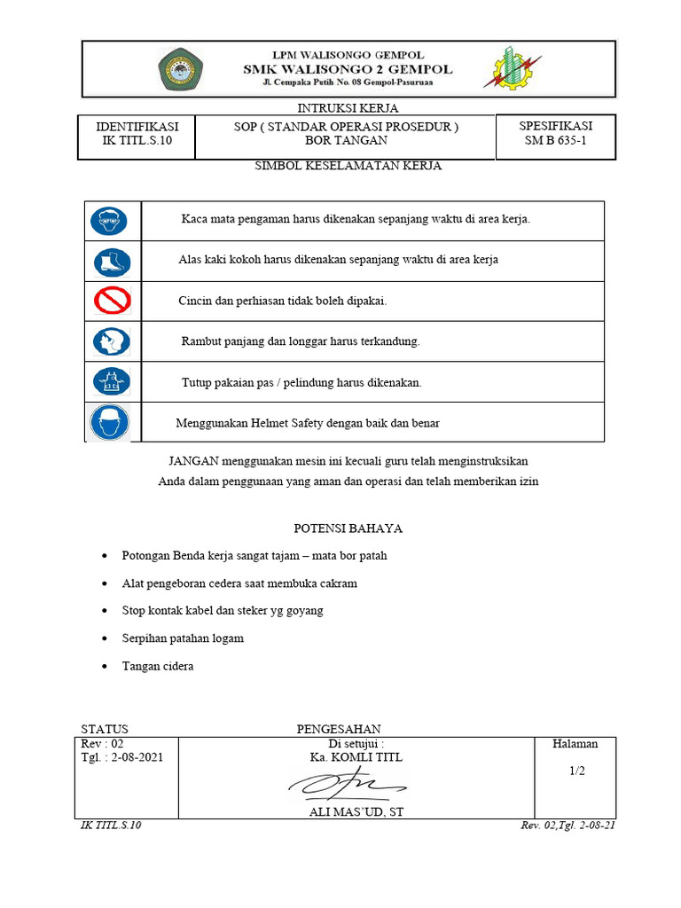 Sop Mesin Bor Tangan | PDF