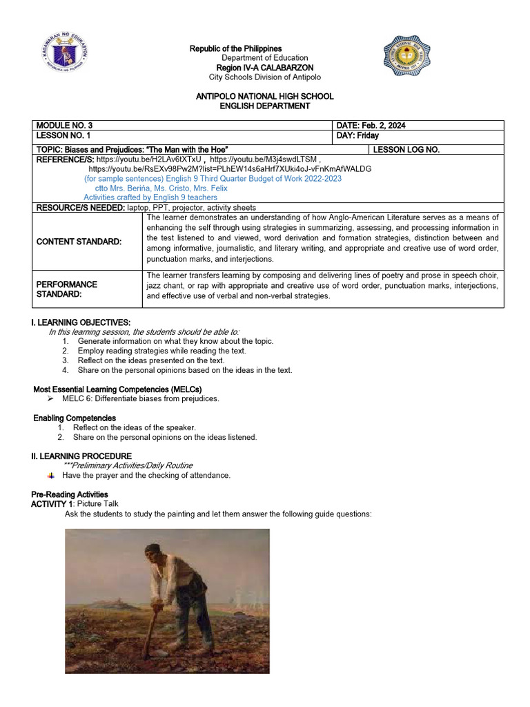 Lesson Plan 02.02.2024 Catch Up Friday The Man With The Hoe | PDF | Old ...