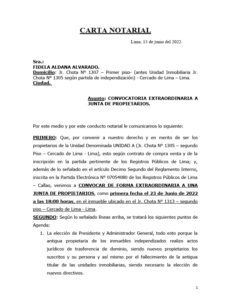 Carta. Notarial - Convocatoria.junta - Propietarios.omar - Sonia. | PDF | Gobierno
