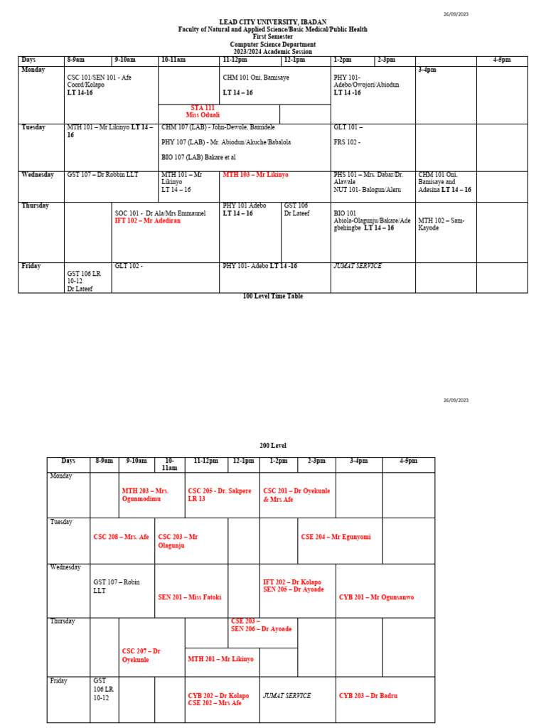 1st Semester Timetable - Computer Science 2023-2024 | PDF