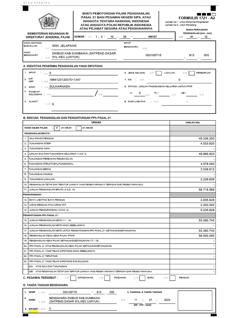 01 1 2 12 12 23 000197 Nomor:: FORMULIR 1721 - A2 | PDF