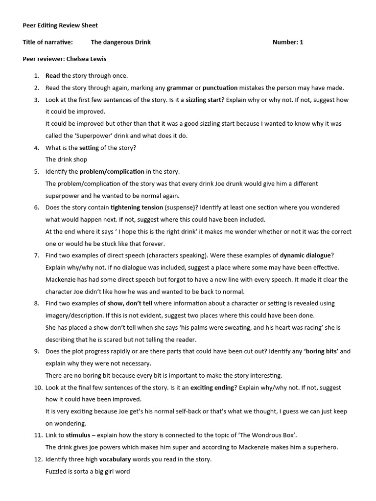 Narrative Practice 1 - Peer Editing Review Sheet (The Wondrous Box ...