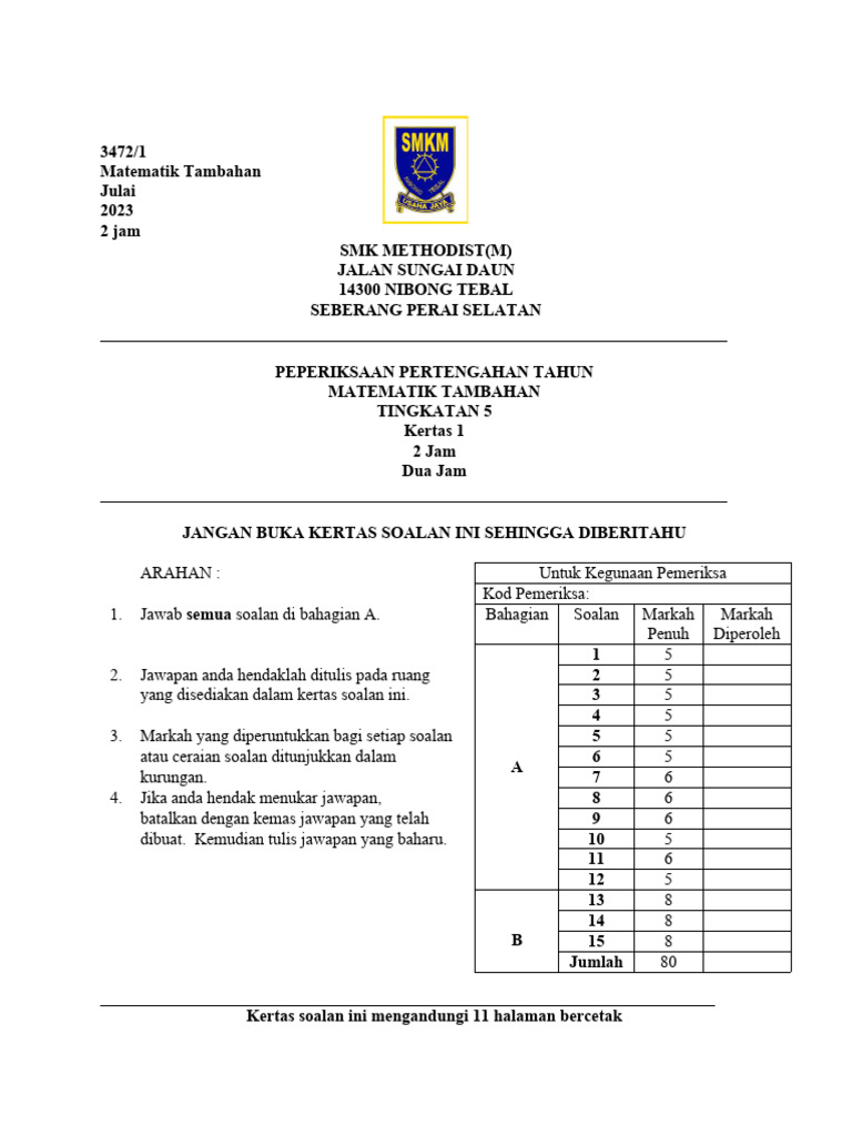 Matematik Tambahan f5 p1 2023 | PDF