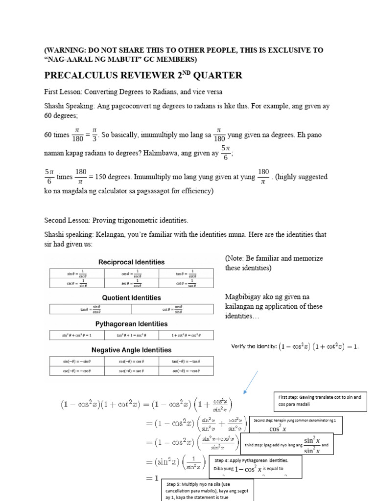 Precalculus Reviewer: Key Lessons | PDF | Trigonometric Functions ...